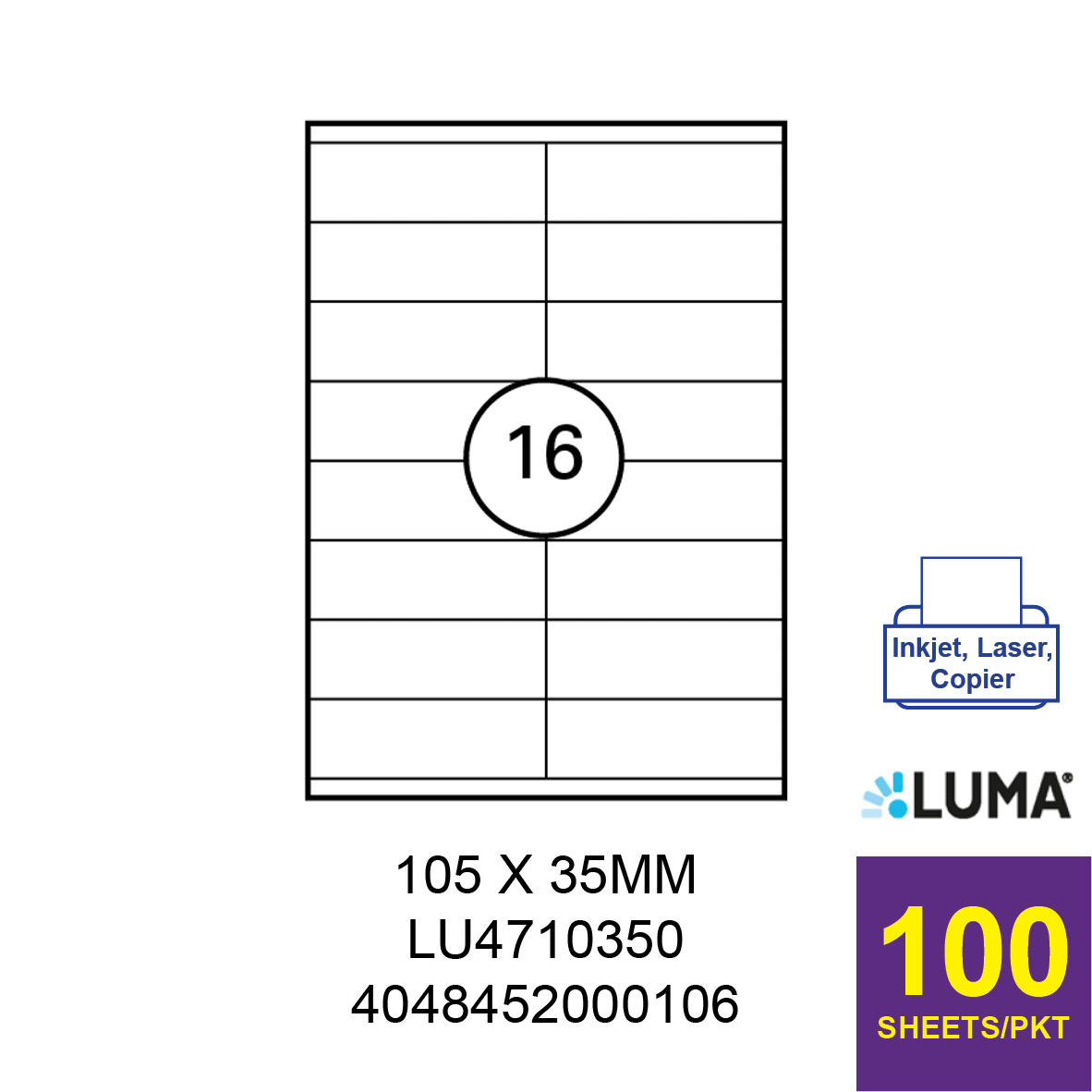 LUMA LU4710350 LABEL FOR INKJET / LASER / COPIER 100 SHEETS/PKT WHITE ...